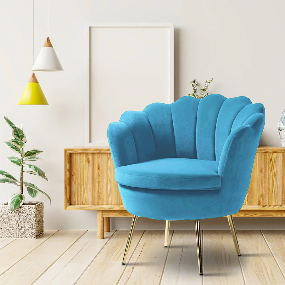 Shell Motif Luxury Sky Blue Velvet Comfy Lounge Chair – Vibecrafts