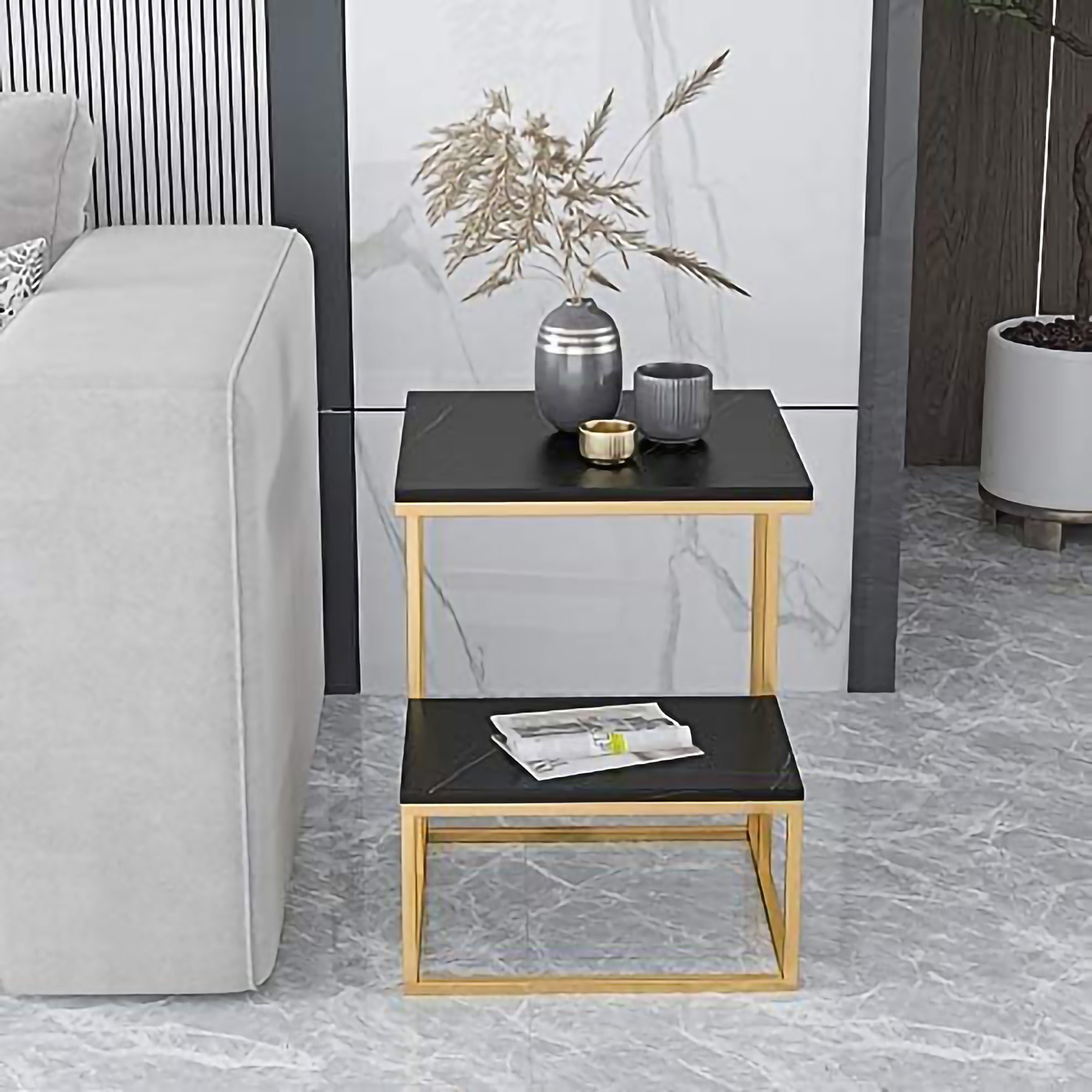Square Geometric Elegant Golden Metal Finish Side Table with Black Mar