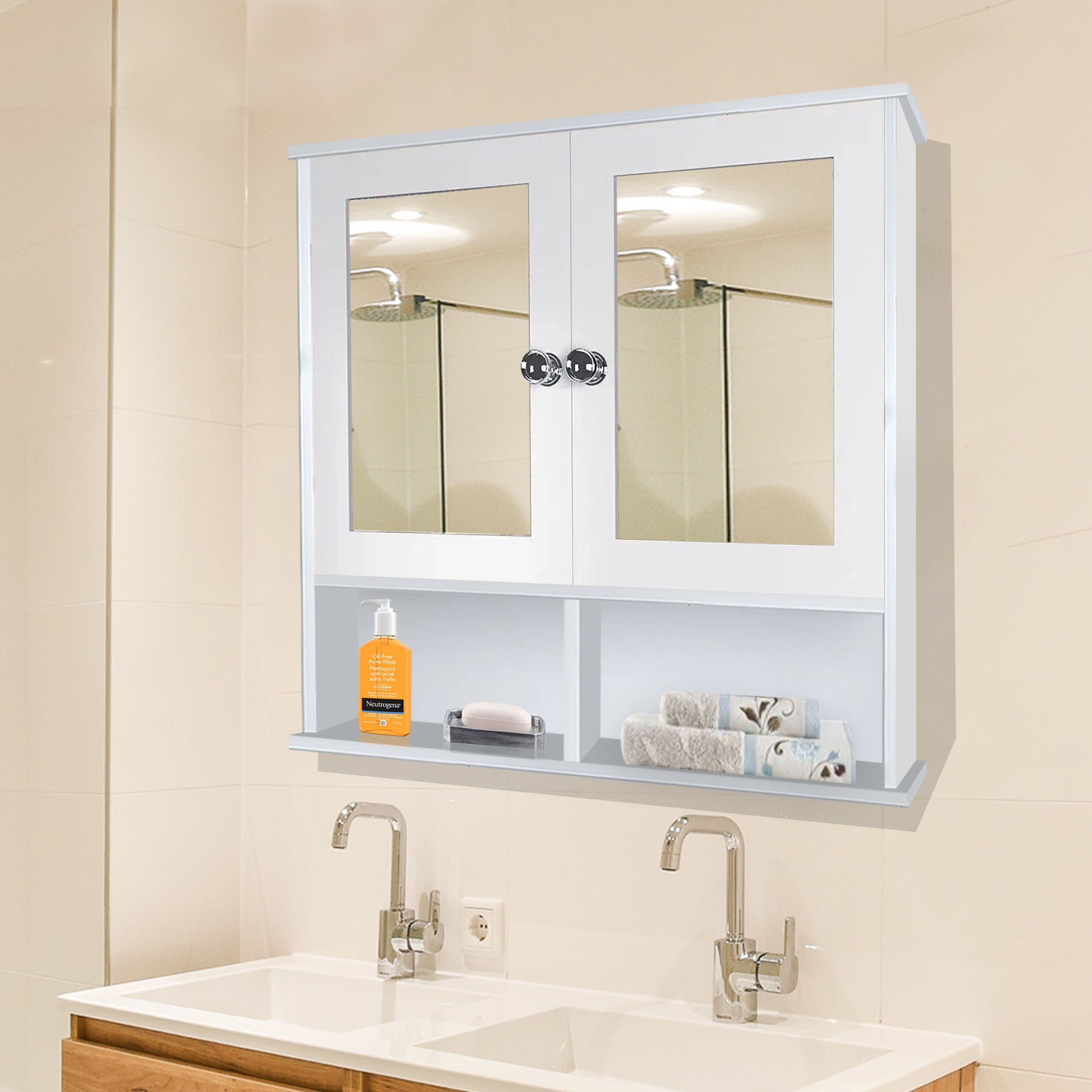 Sturdy Wooden Bathroom Storage Cabinet with Mirrors & 4 Spacious Shelv ...