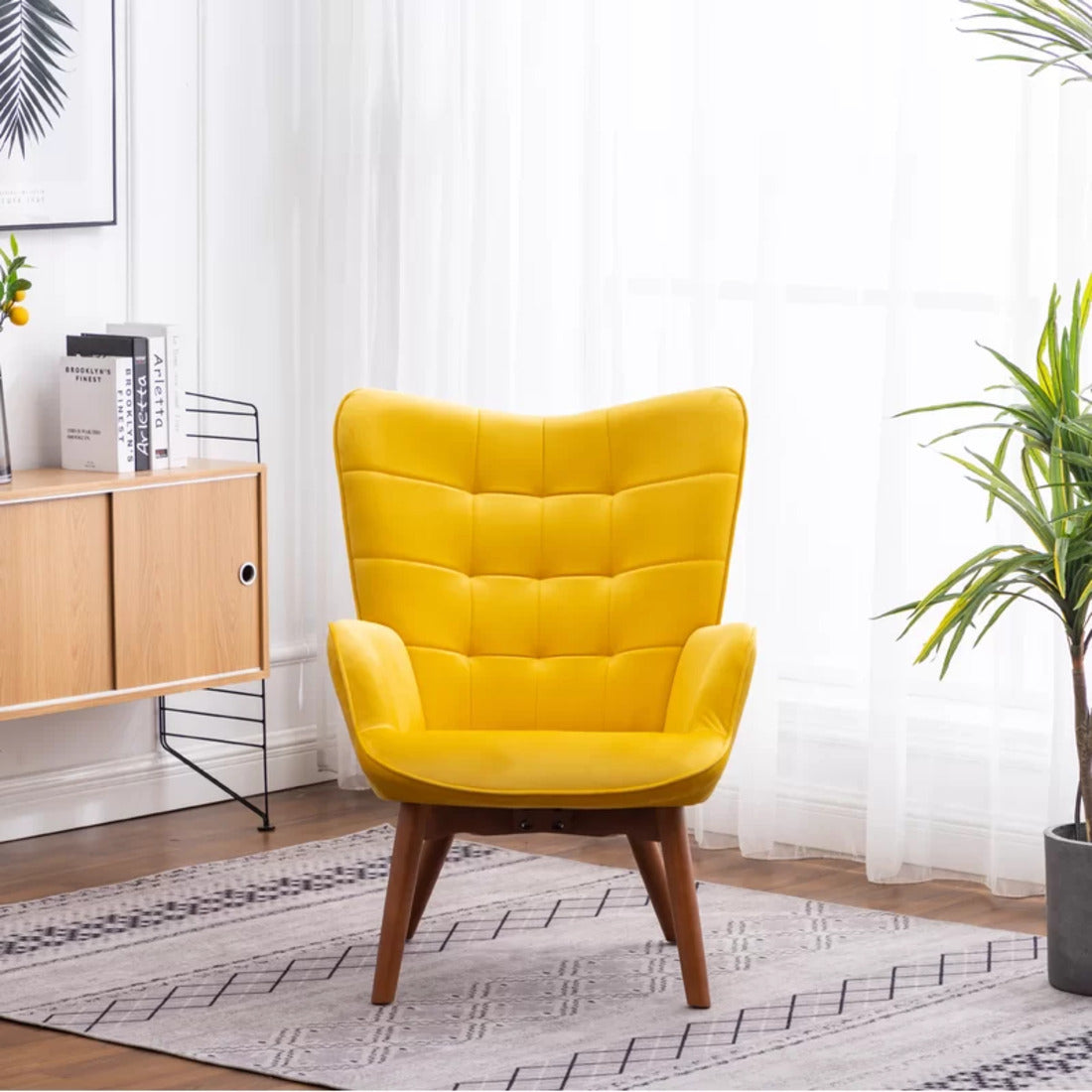 Tufted Curvy Long Back Yellow Color Lounge Chair with Ottoman – Vibecrafts
