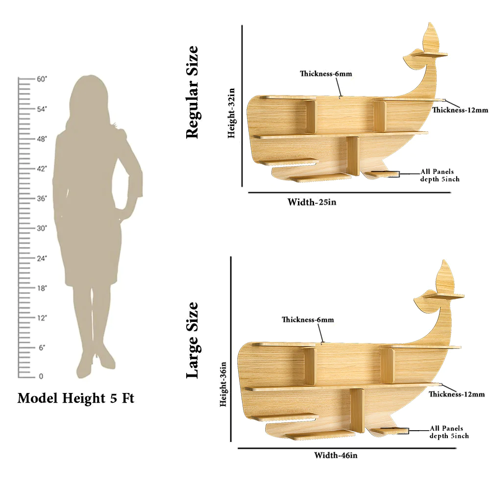 Whale Backlit Designer Wooden Wall Shelf / Book Shelf / Night Light, L ...