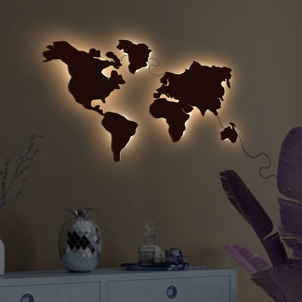 World Map Backlit Wooden Wall Decor with LED Night Light Walnut Finish ...