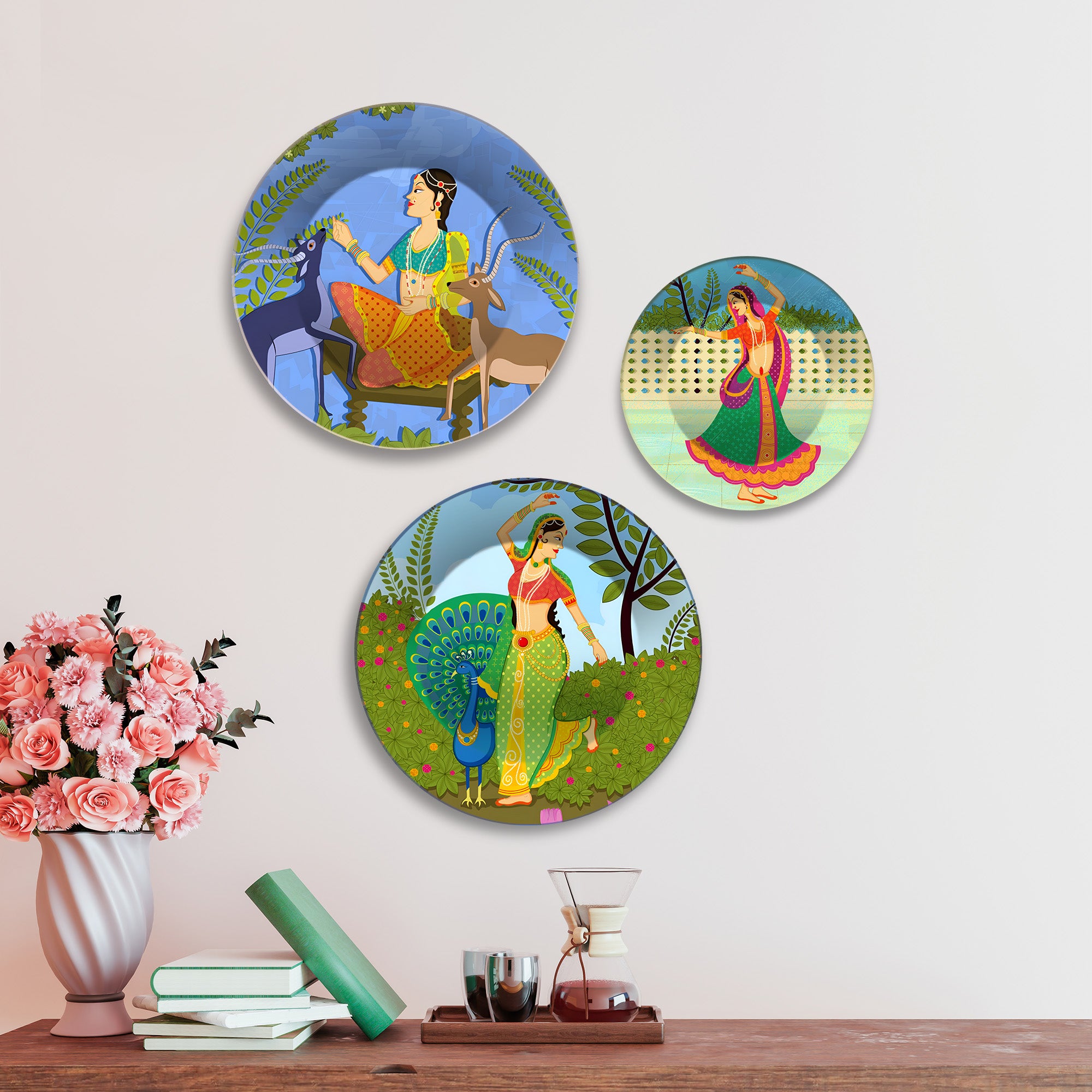 Vrindavan Vibes Women & Nature Premium Wall Plates Painting Set of 3 ...