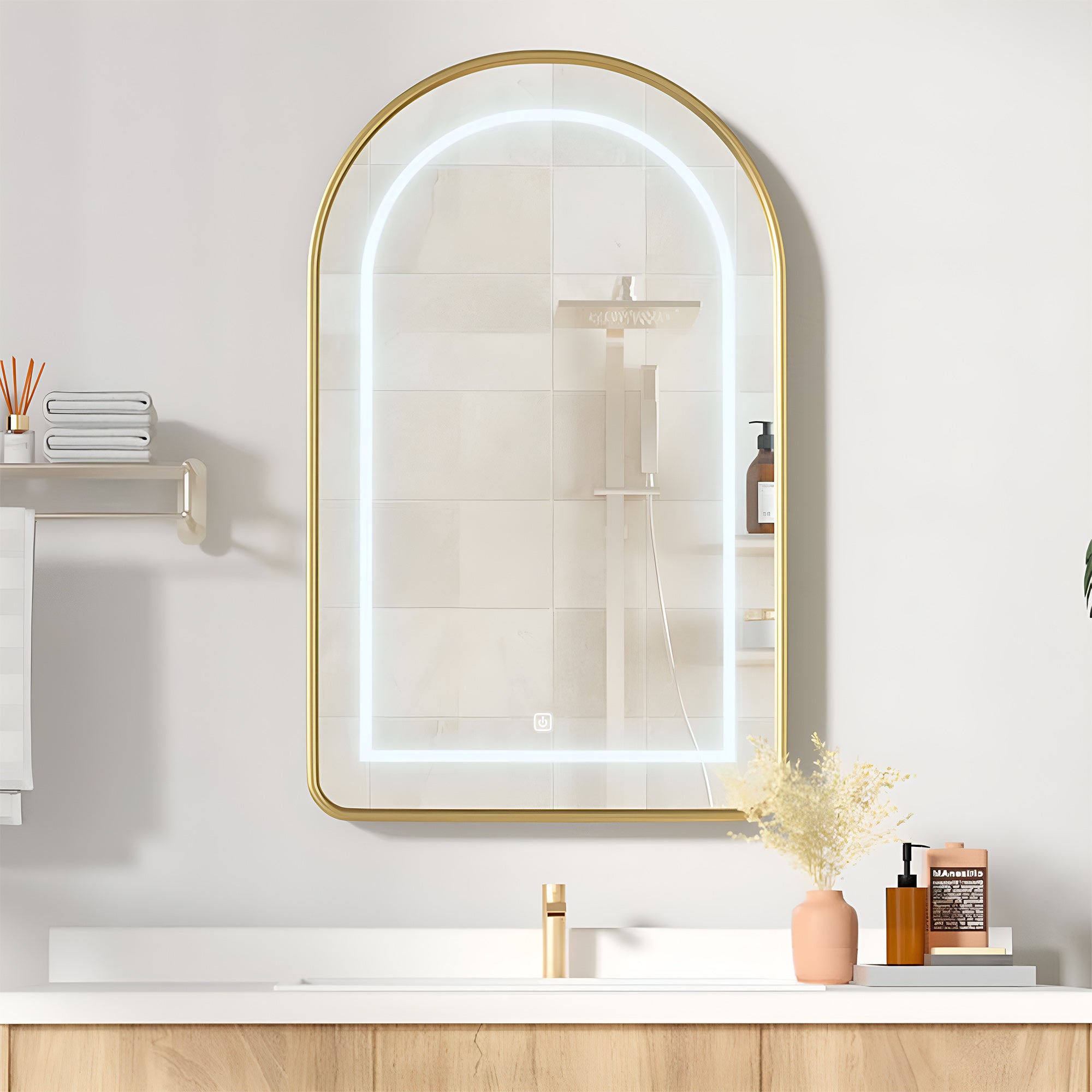 Wall Mounted LED Vanity Mirror Cabinet with Curved Design and Gold Tri ...