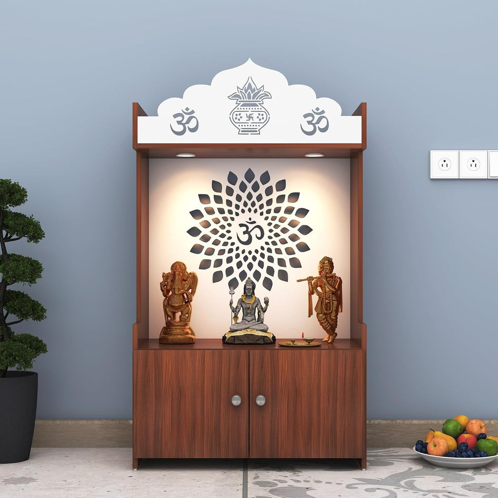 Walnut Finish Wooden Floor Pooja Mandir with Kalash & Om Design Lotus