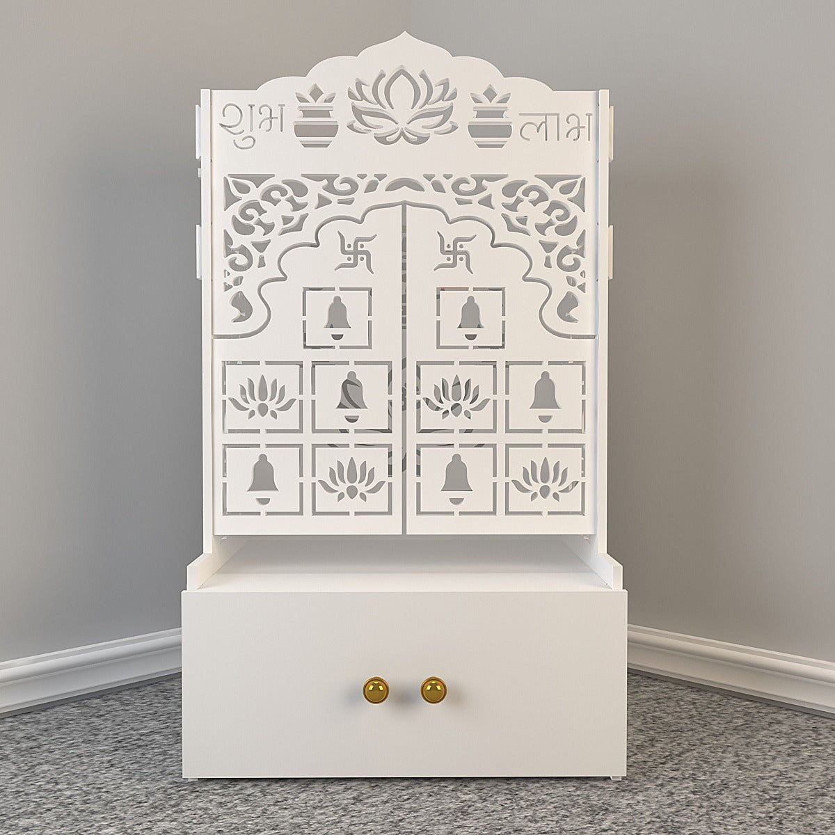 White Wooden Floor Pooja Mandir with Laser-Cut Lotus Om Design, Shubh ...