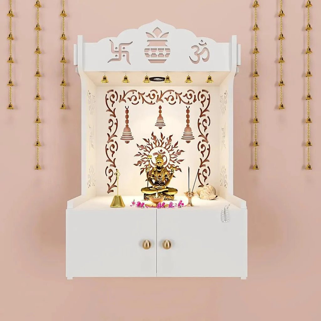 White Wooden Wall Mounted Temple with Engraved Om & Swastik Design Poo