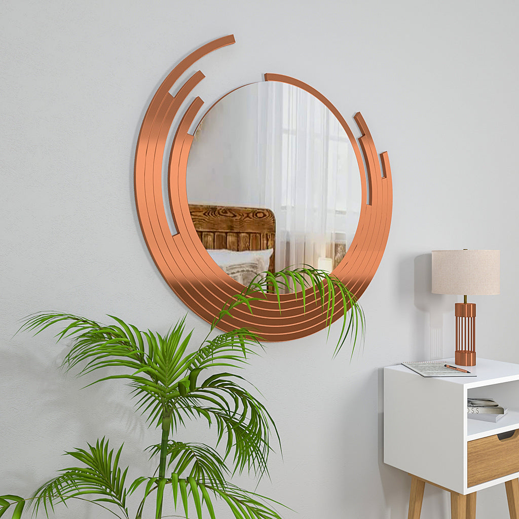 Premium Quality Asymmetric Designer Copper Finish Round Wall Mirror ...